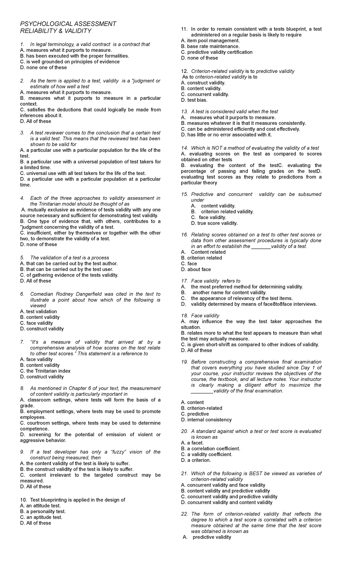 Sample/practice exam 15 November, questions - PSYCHOLOGICAL ASSESSMENT ...