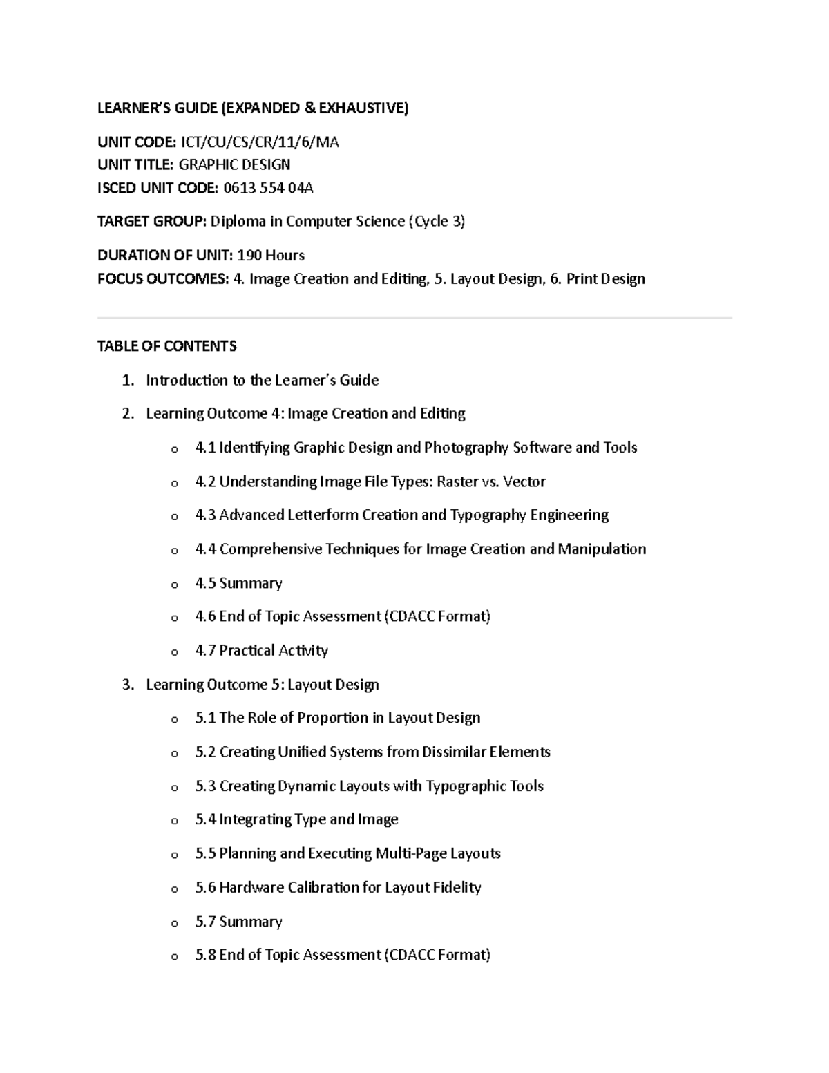 Comprehensive Learner Guide: Graphic Design (Unit Code: 0613 554 04A ...
