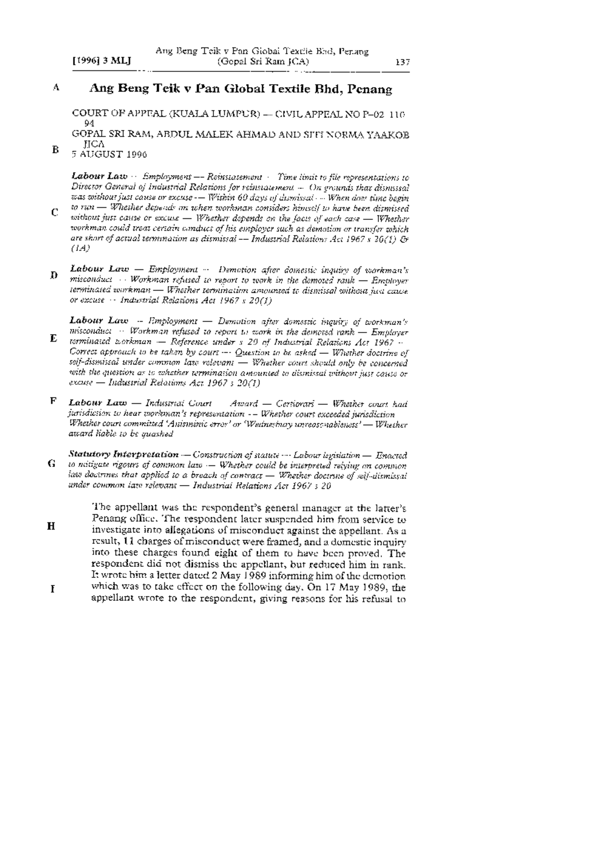 ANG BENG TEIK v PAN Global Textile BHD, Penang - Mooting - Studocu