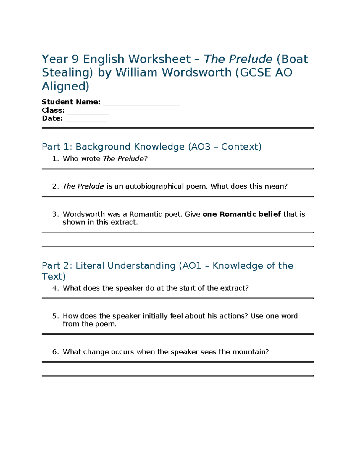 Year 9 English Worksheet: Analyzing Wordsworth's The Prelude (GCSE ...
