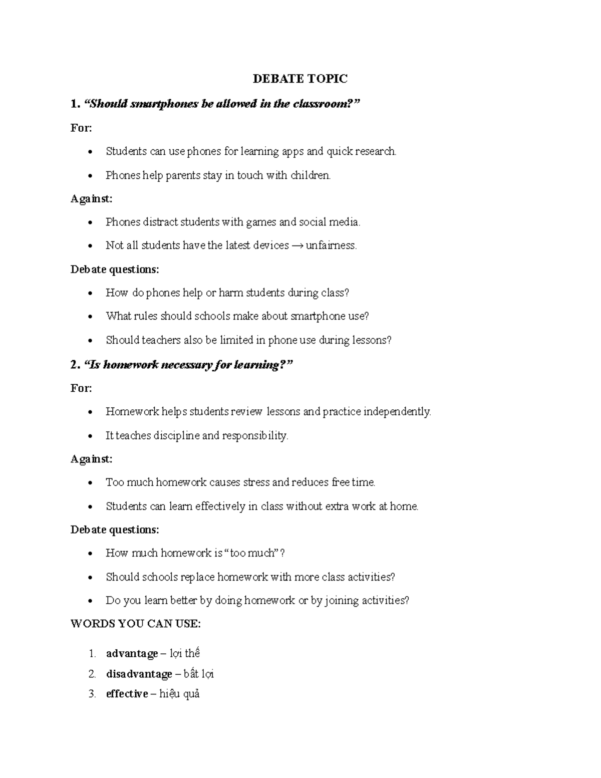 Debate Topic [31] - Smartphones & Homework: Pros and Cons - Studocu