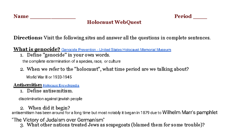 Holocaust WebQuest: Understanding Genocide and Antisemitism - Studocu