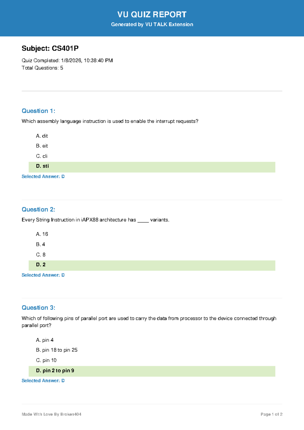 CS401P Quiz Report - January 8, 2026 - Studocu