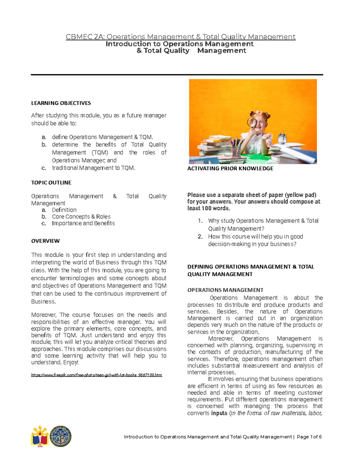 Topic 1 Operations Management (TQM) - LEARNING OBJECTIVES After ...