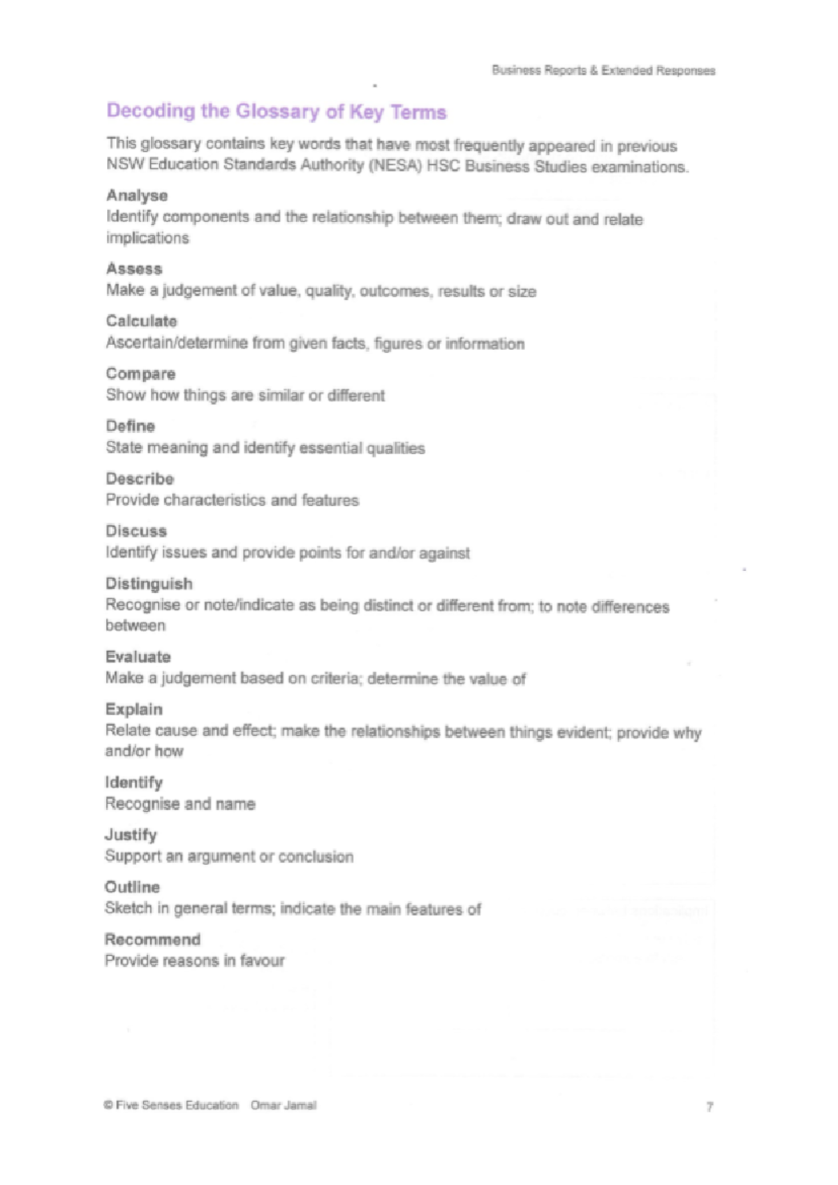 HSC Business Studies: Scaffold for Extended Response Reports & Glossary ...