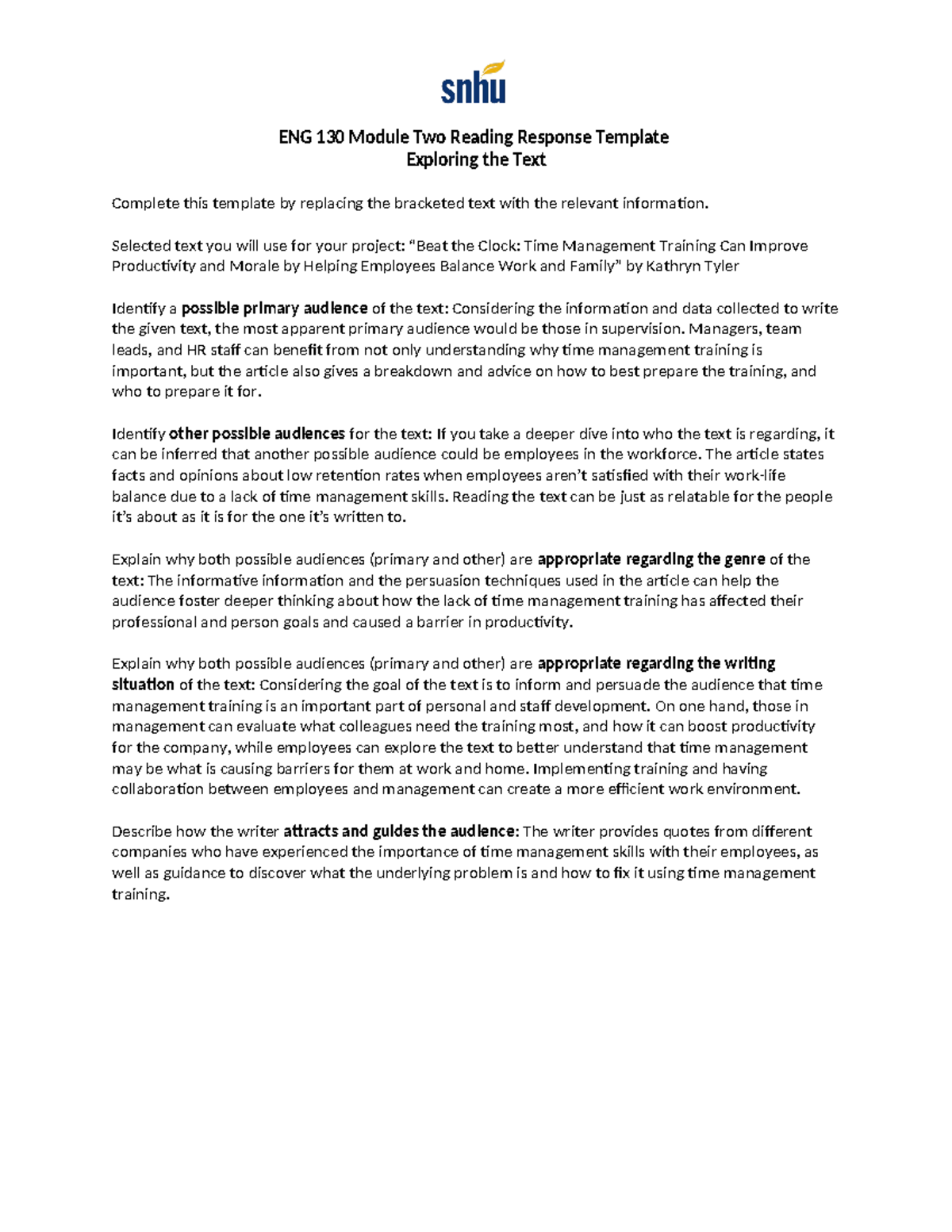 ENG 130 Module Two Reading Response: Time Management Training Analysis ...
