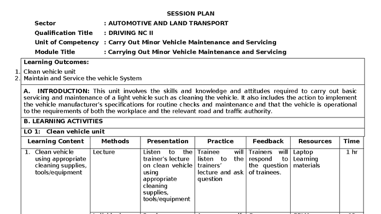 Driving NC II: Session Plan for Minor Vehicle Maintenance & Servicing ...