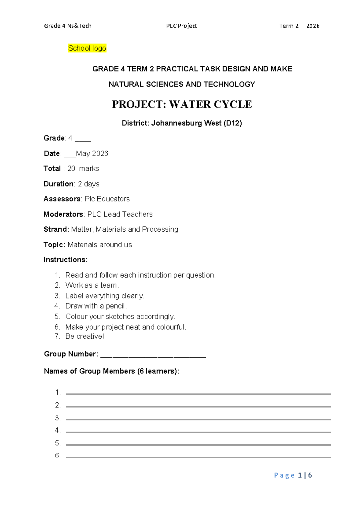Grade 4 PLC Project T2: Designing the Water Cycle Model - Studocu