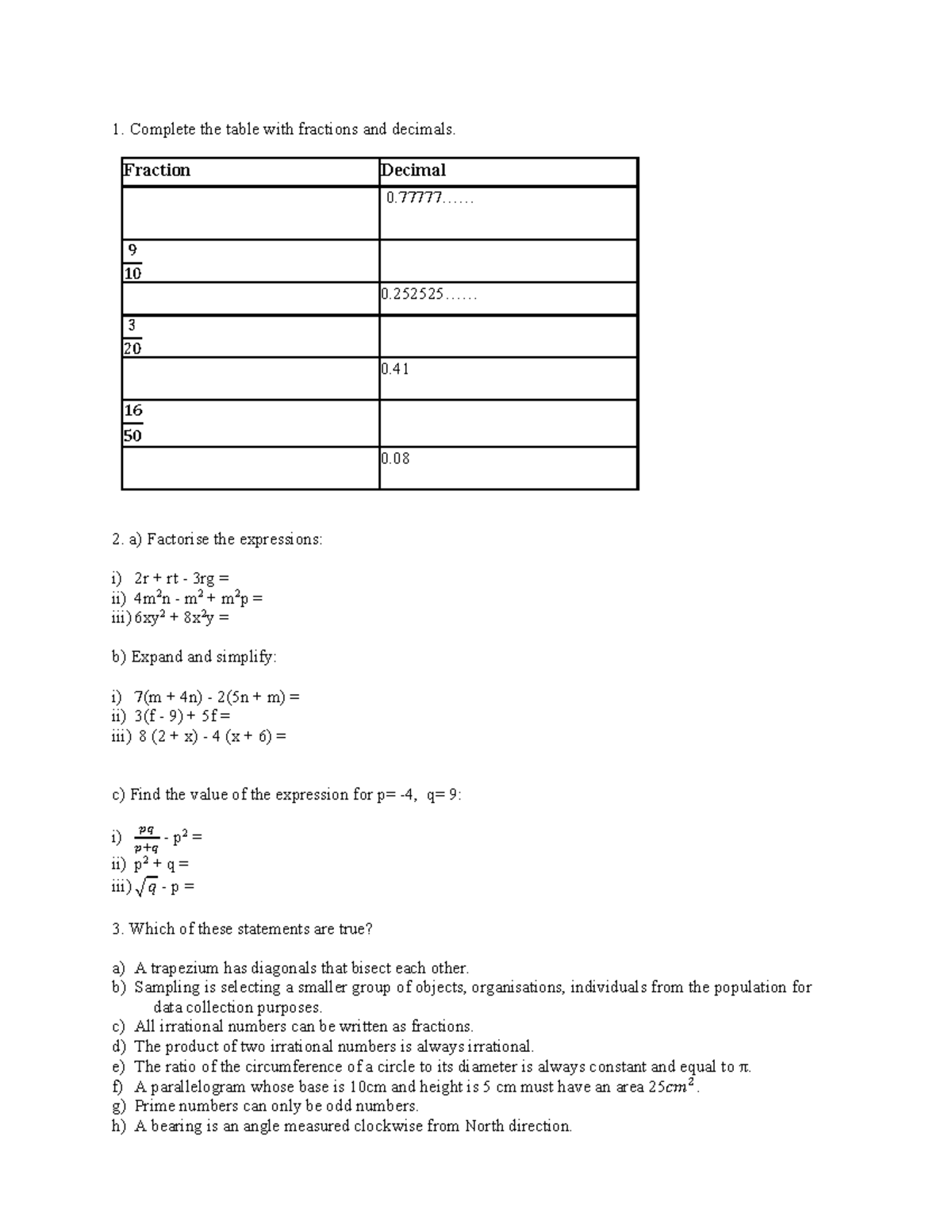 Worksheet K7: Fractions, Decimals, and Algebra Exercises - Studocu