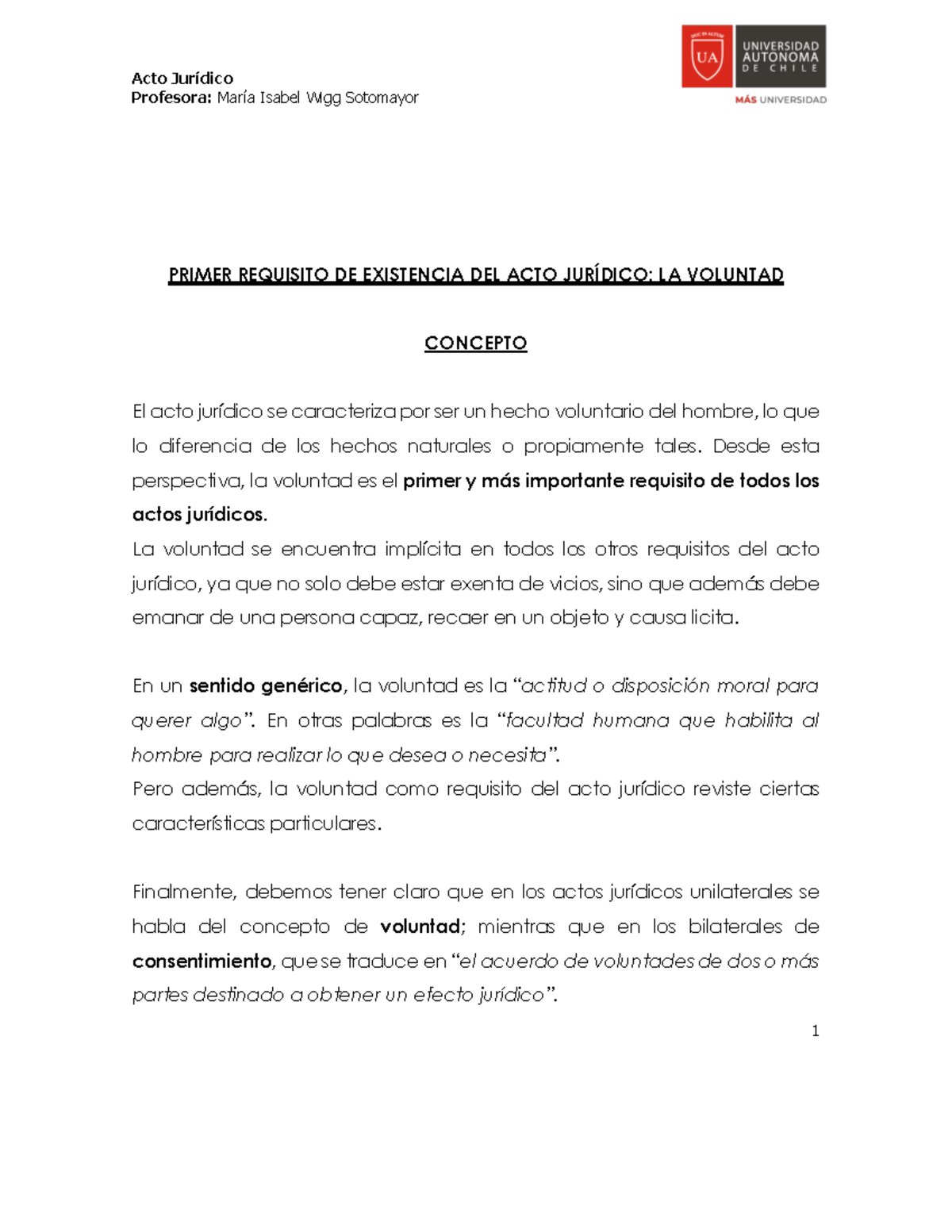 ACTO Juridico- LA Voluntad - Profesora: María Isabel Wigg Sotomayor ...