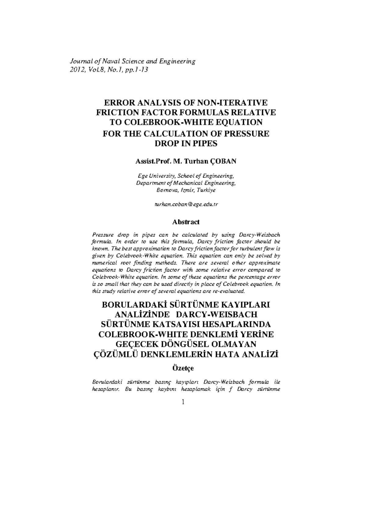 Error Analysis of Friction Factor Formulas Relative to Colebrook ...