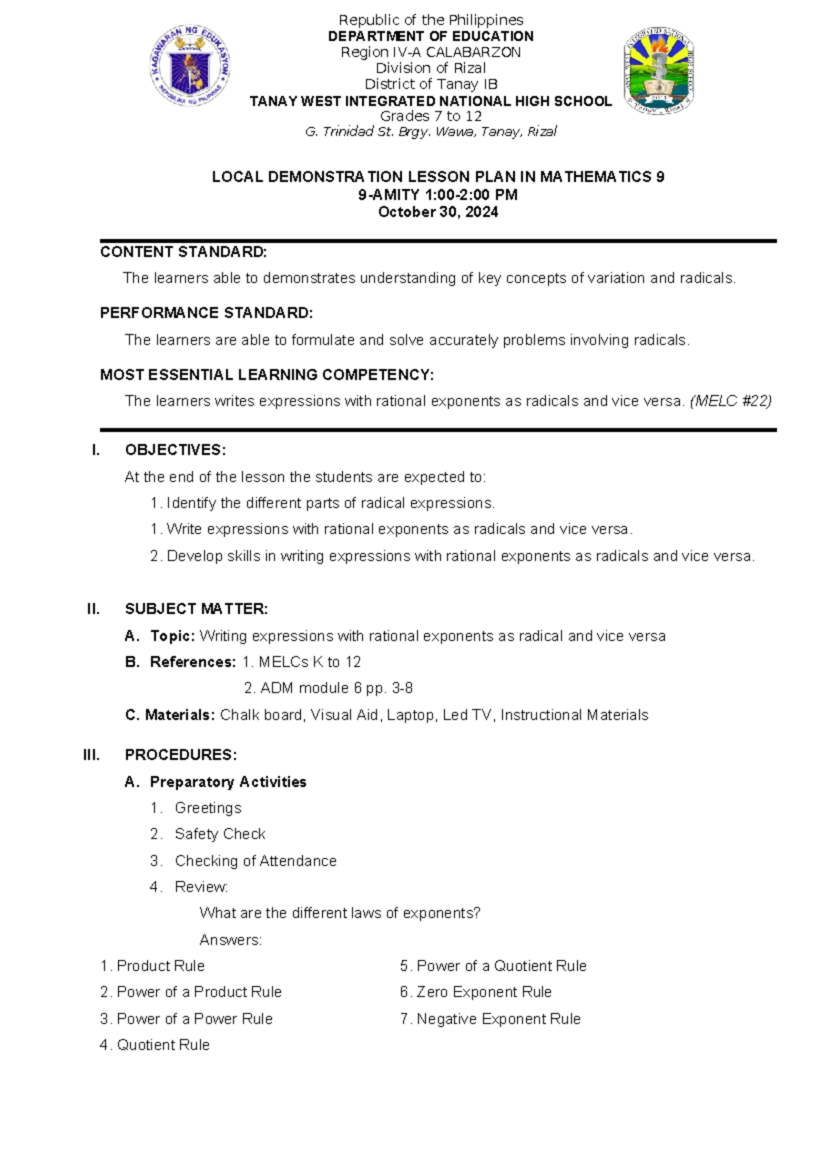 Mathematics 9 Lesson Plan: Writing Rational Exponents as Radicals - Studocu