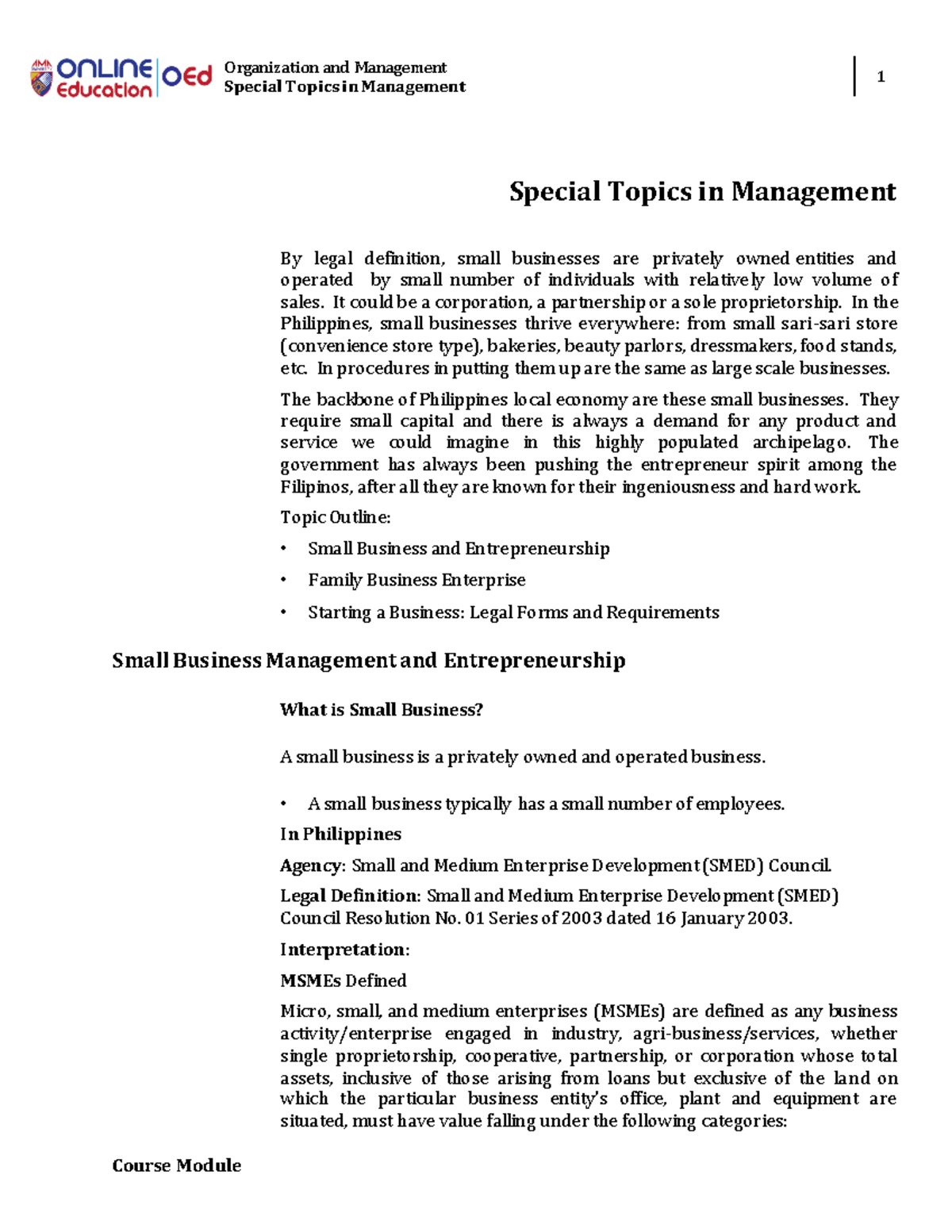 Special Topics in Management (Week 018): Small Business Insights - Studocu