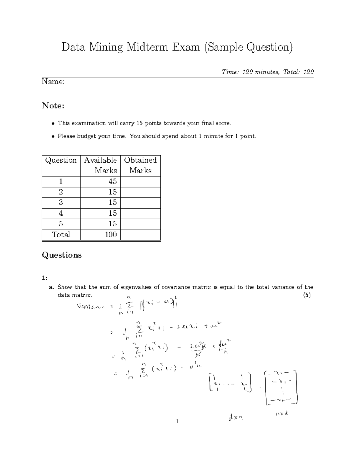 Data Mining (CS101) Midterm Exam Sample Questions & Solutions - Studocu