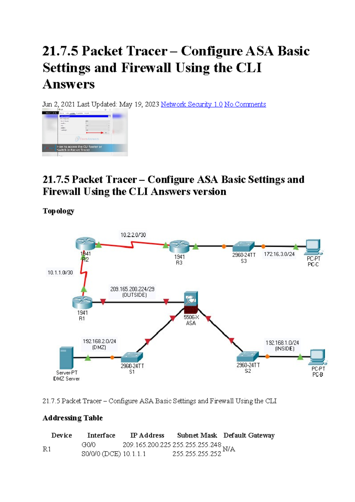 21.7.5 Packet Tracer ASA Firewall Configuration Using CLI - Studocu