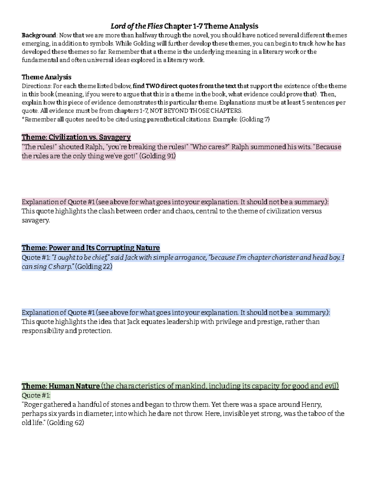 Lord of the Flies (LOTF) Chapter 1-7: Theme Analysis Insights - Studocu