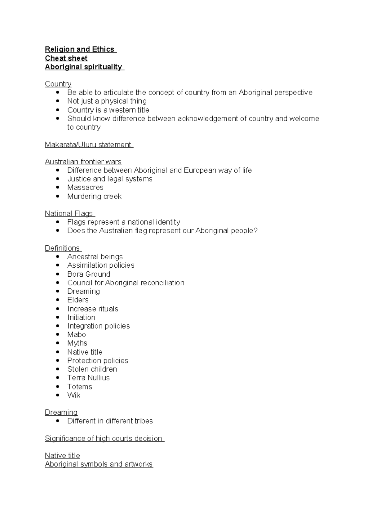 Cheat Sheet RETHICS: Aboriginal Spirituality & Ethics Overview - Studocu