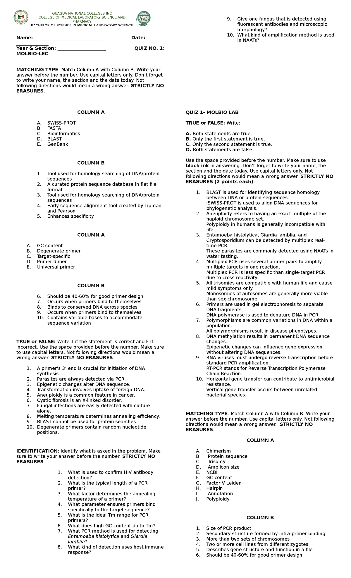 Quiz 1 - LEC and LAB - Medical Laboratory Science (MOLBIO) - Studocu