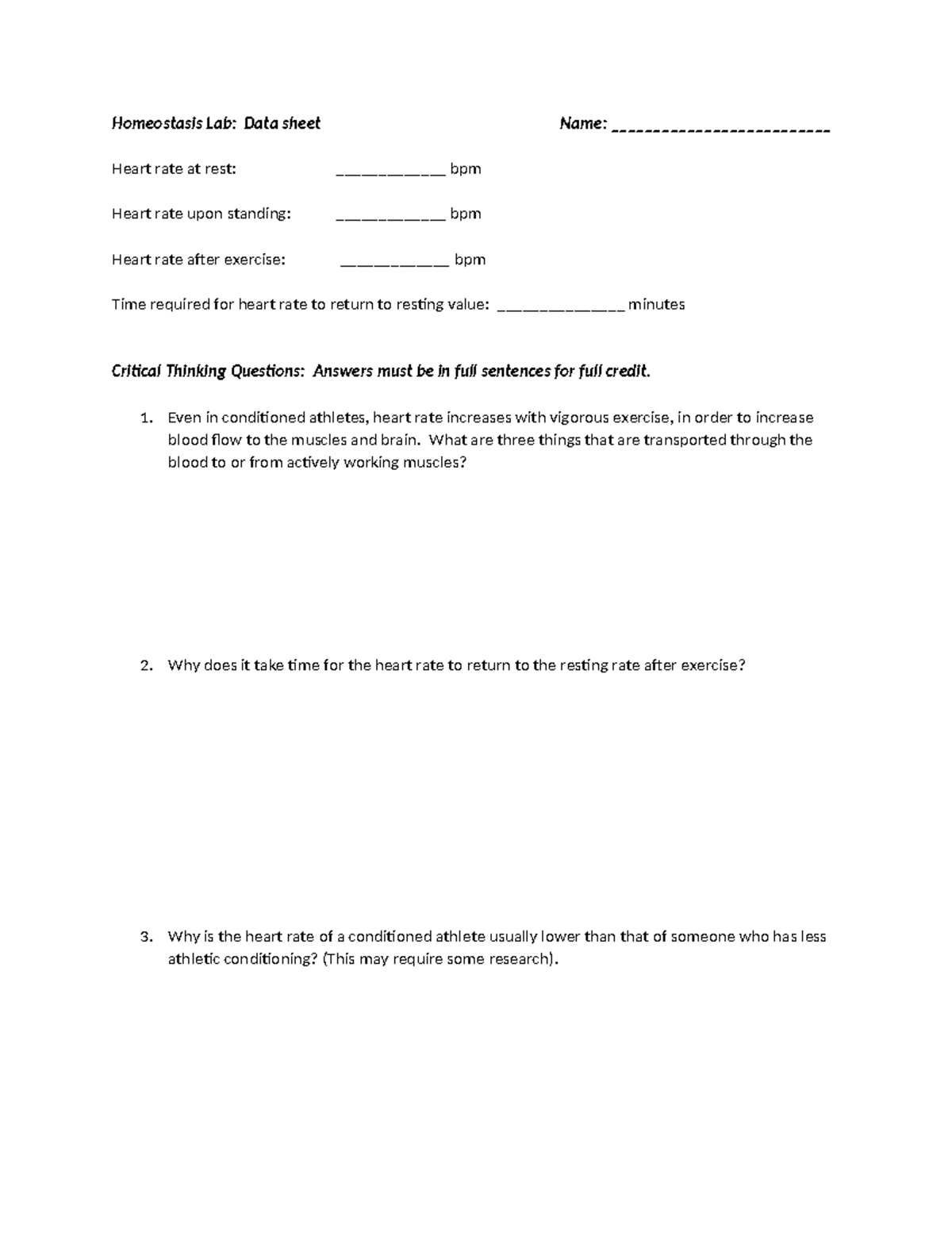 Homeostasis Lab: Heart Rate Data Sheet & Analysis - Studocu
