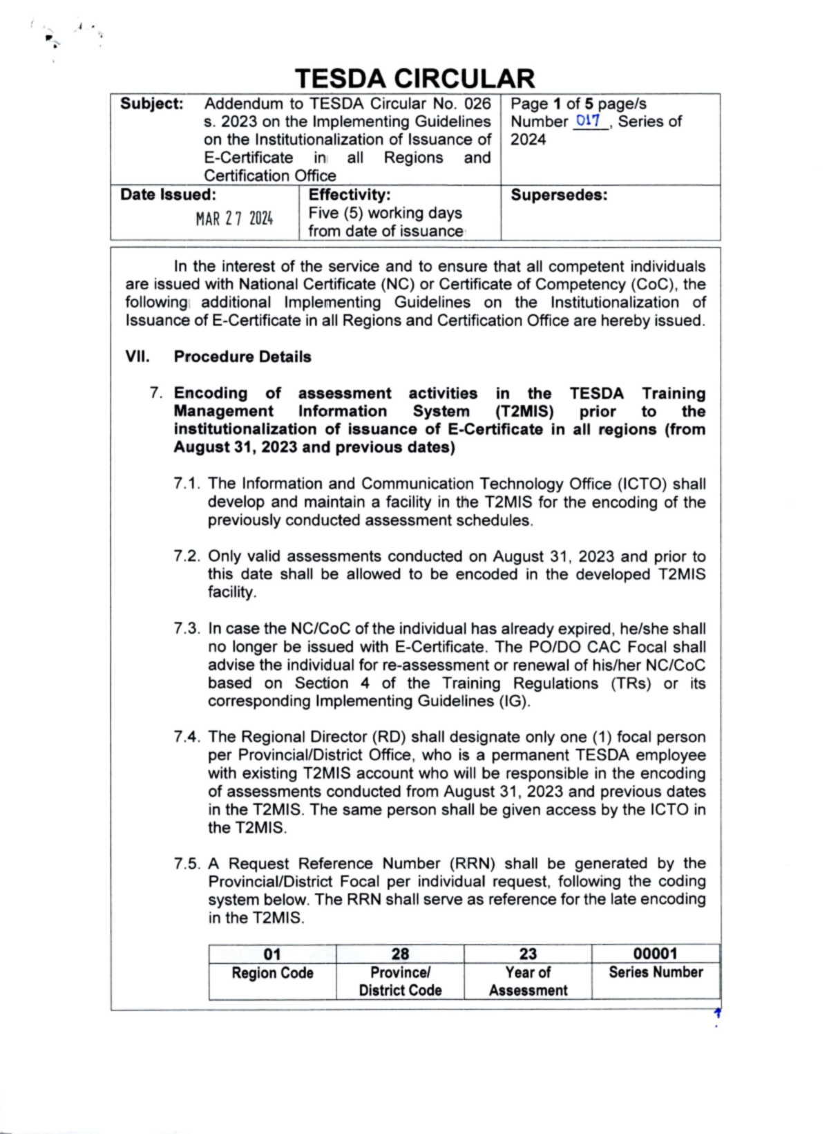 TESDA Circular No. 017-2024: Addendum on E-Certificate Guidelines - Studocu