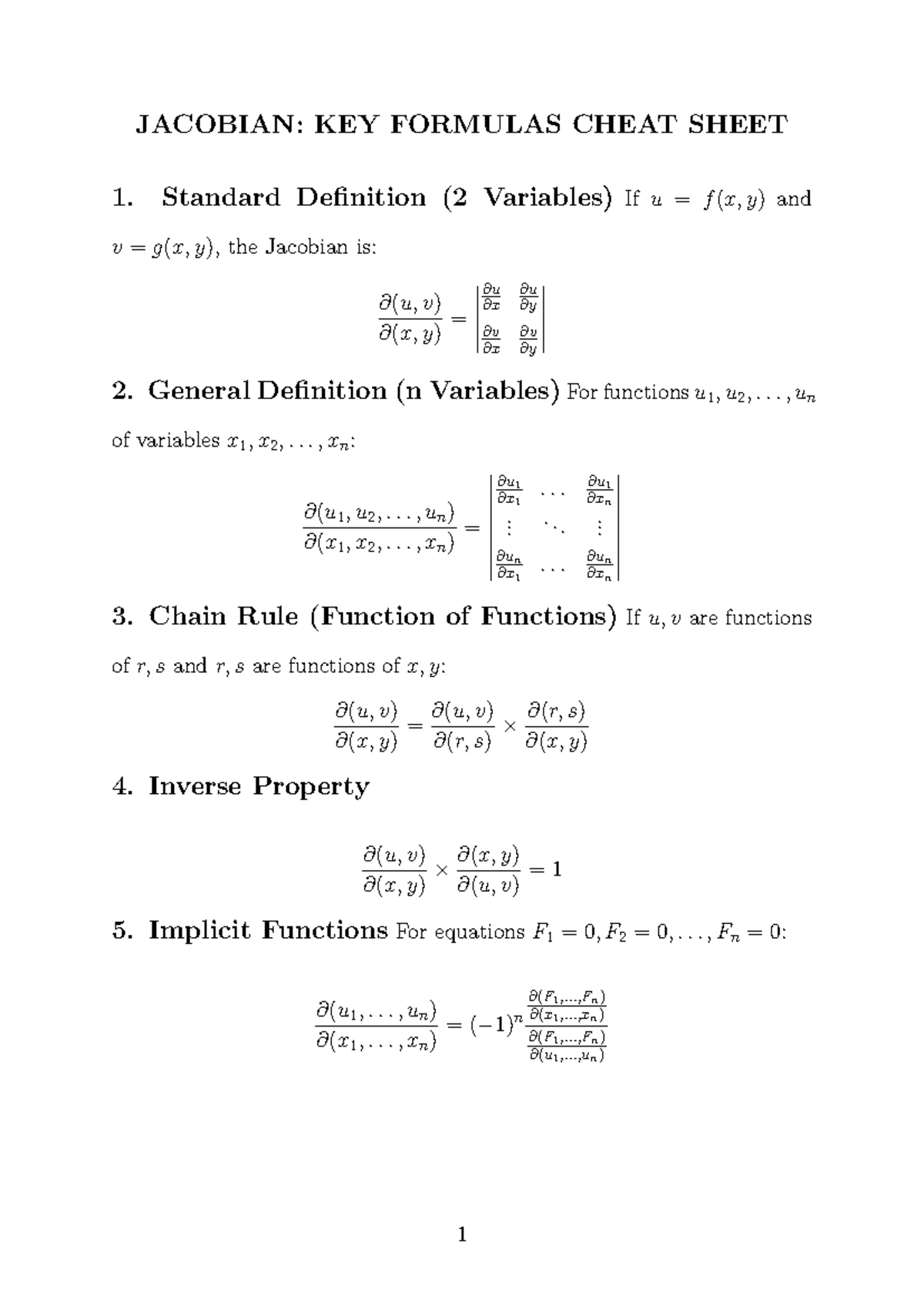 Jacobian (MATH 201): Comprehensive Cheat Sheet & Key Formulas - Studocu