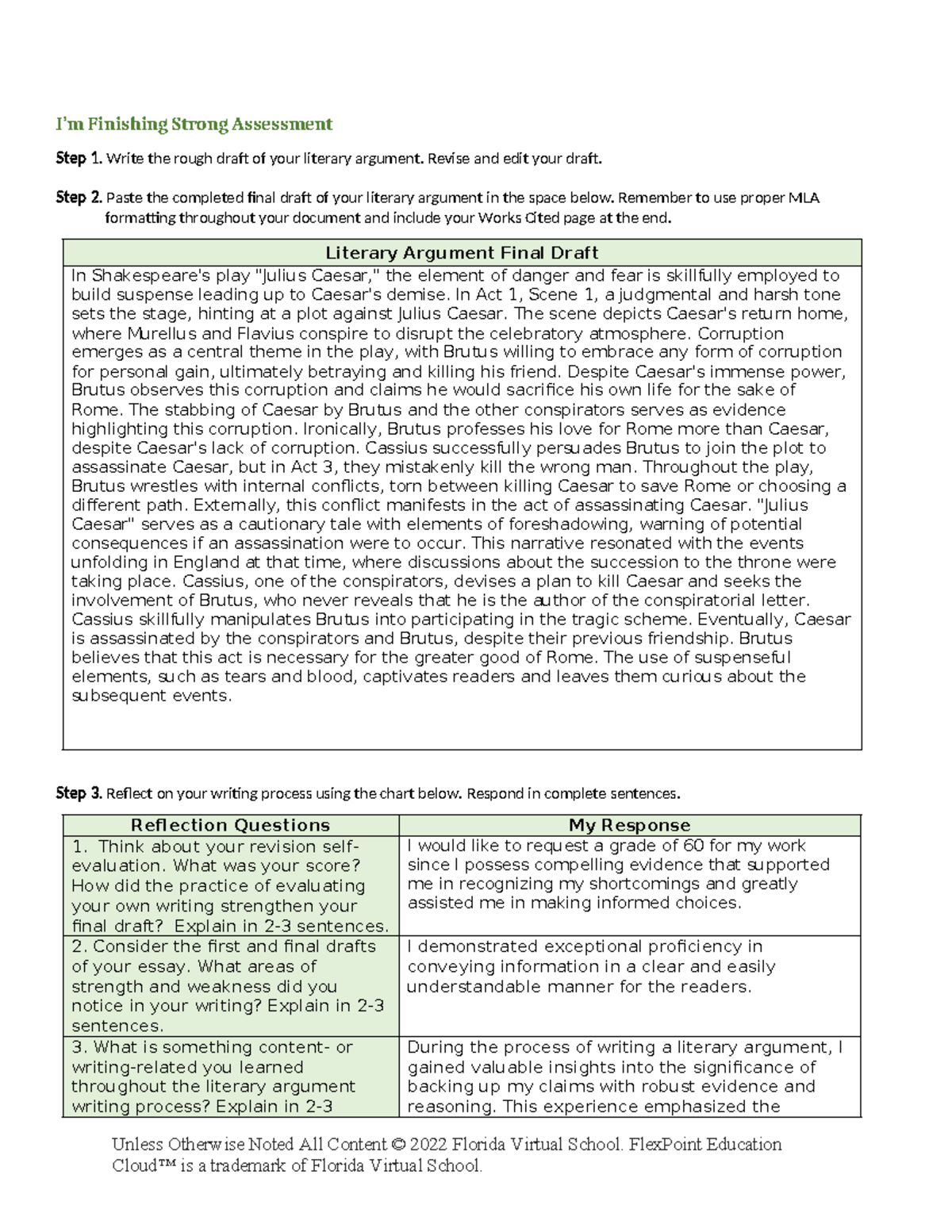 Finishing Strong Assessment Rubric for Literary Argument 2 - Studocu
