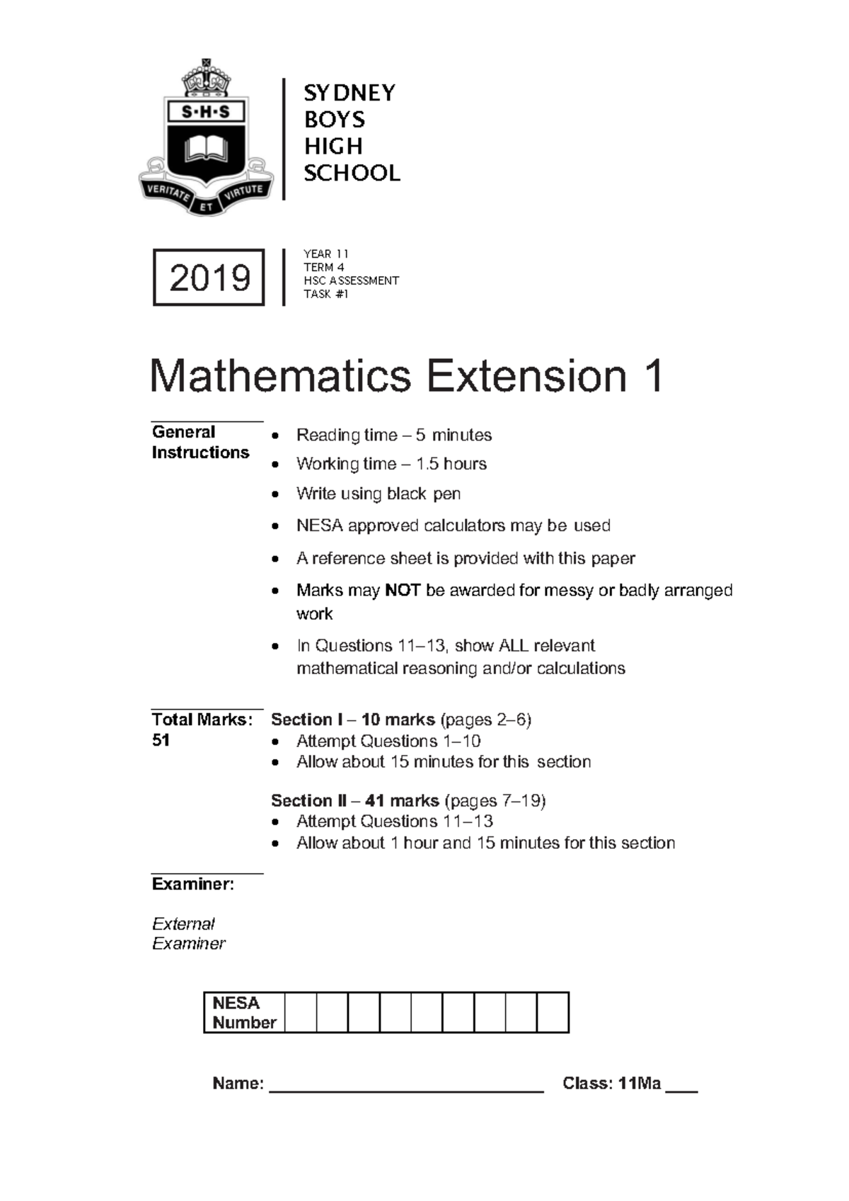 SBHS 2019 Year 11 Mathematics Extension 1 HSC Assessment Task - Studocu