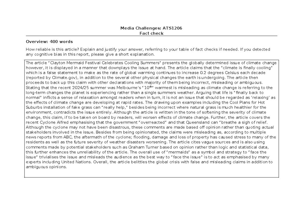 Media Challenges: ATS1206 Fact Check on Climate Change Article ...
