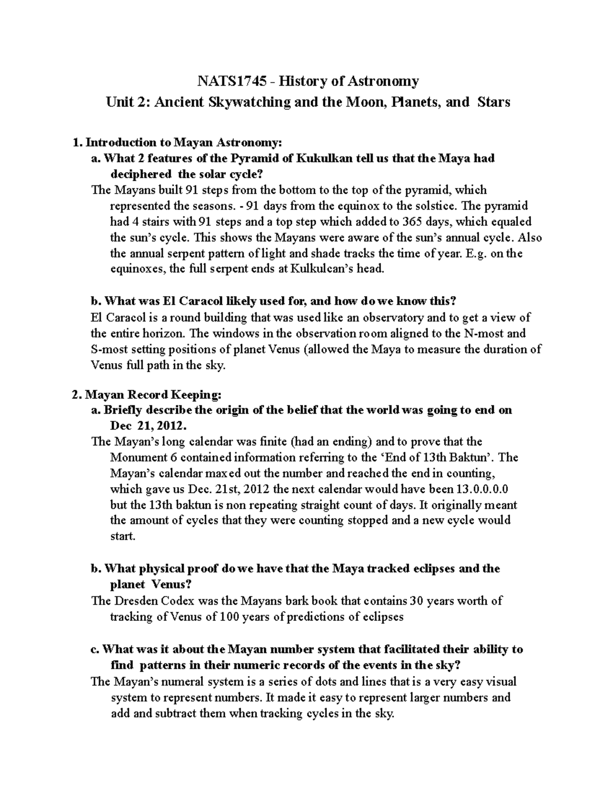 Unit 2 Study Guide - NATS1745 - History of Astronomy Unit 2: Ancient ...