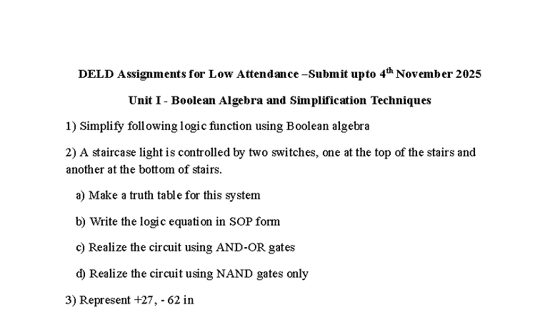 DELD Unit I & II Assignments: Boolean Algebra & Logic Design - Studocu