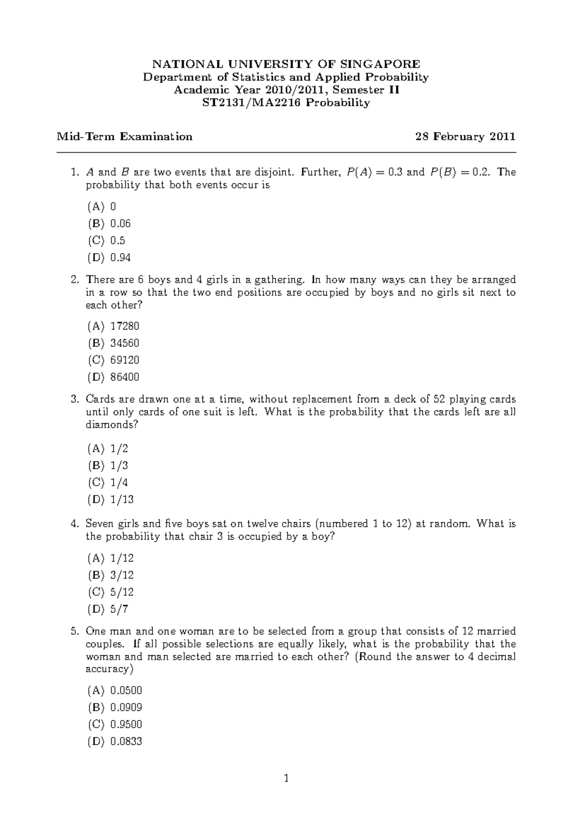 ST2131 Midterm Exam Question Paper (Year 2011) - NATIONAL UNIVERSITY OF ...
