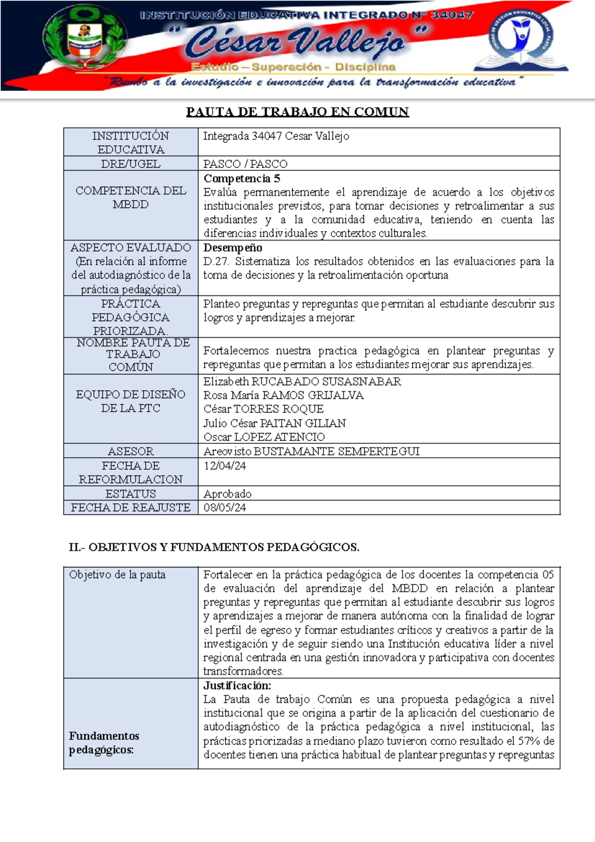 Pauta de Trabajo Común para la Mejora de la Evaluación Educativa - Studocu