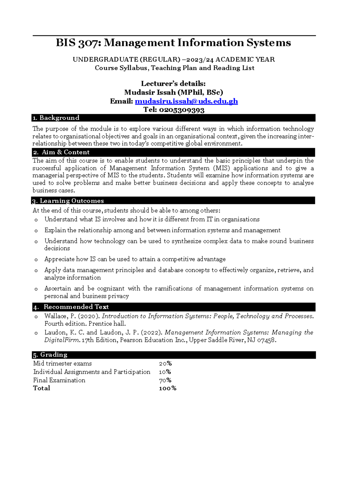 BIS 307: Management Information Systems Course Outline & Syllabus 2023/ ...