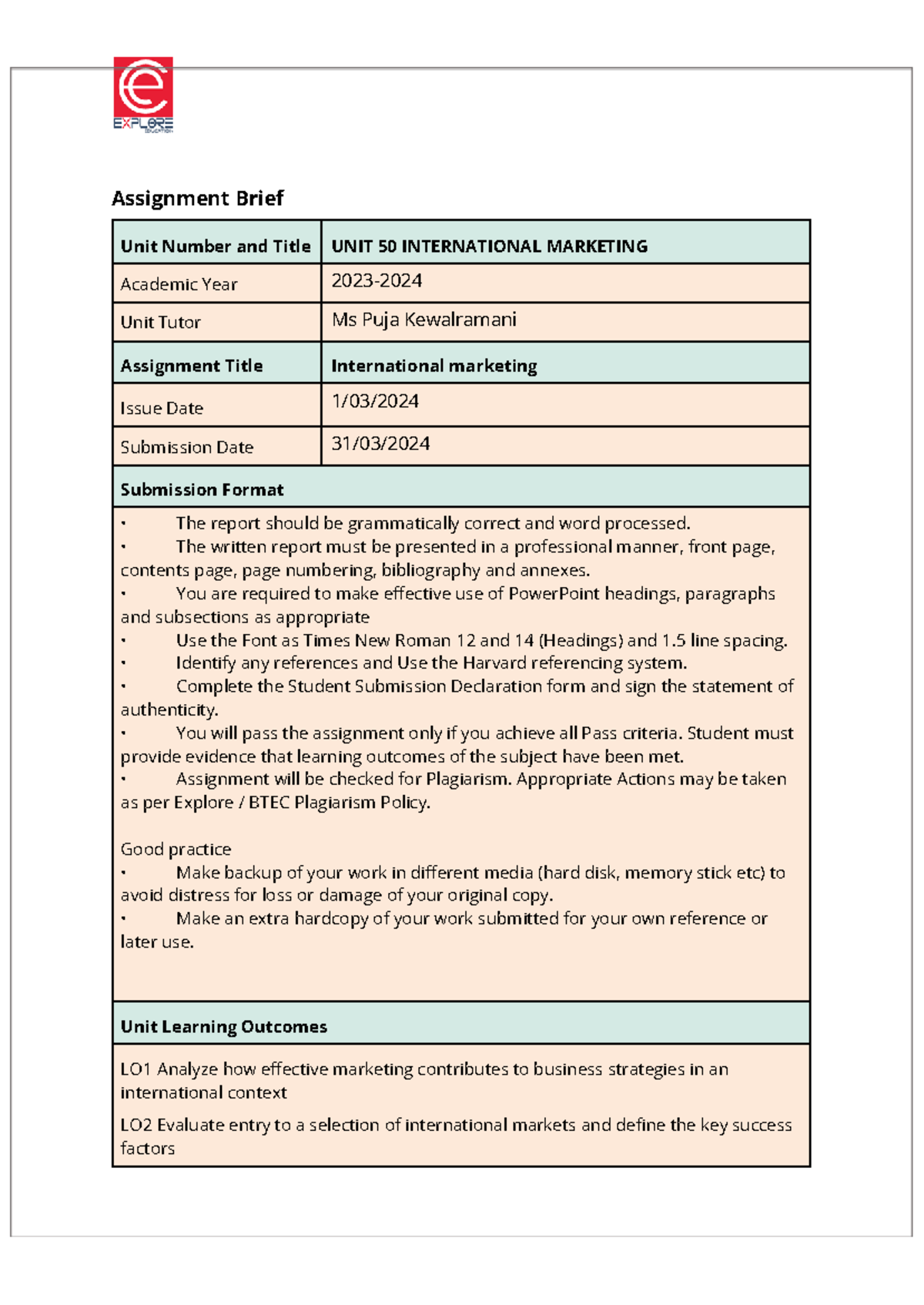 International Marketing Assignment Brief - UNIT 50 - 2024 - Studocu