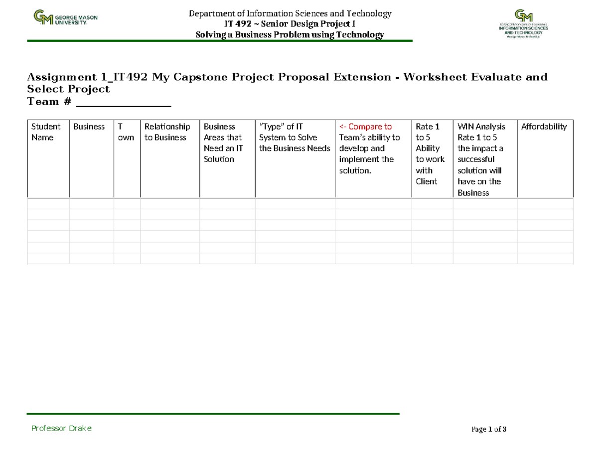 IT492 Senior Design Project I: Capstone Proposal by Ismael - Studocu