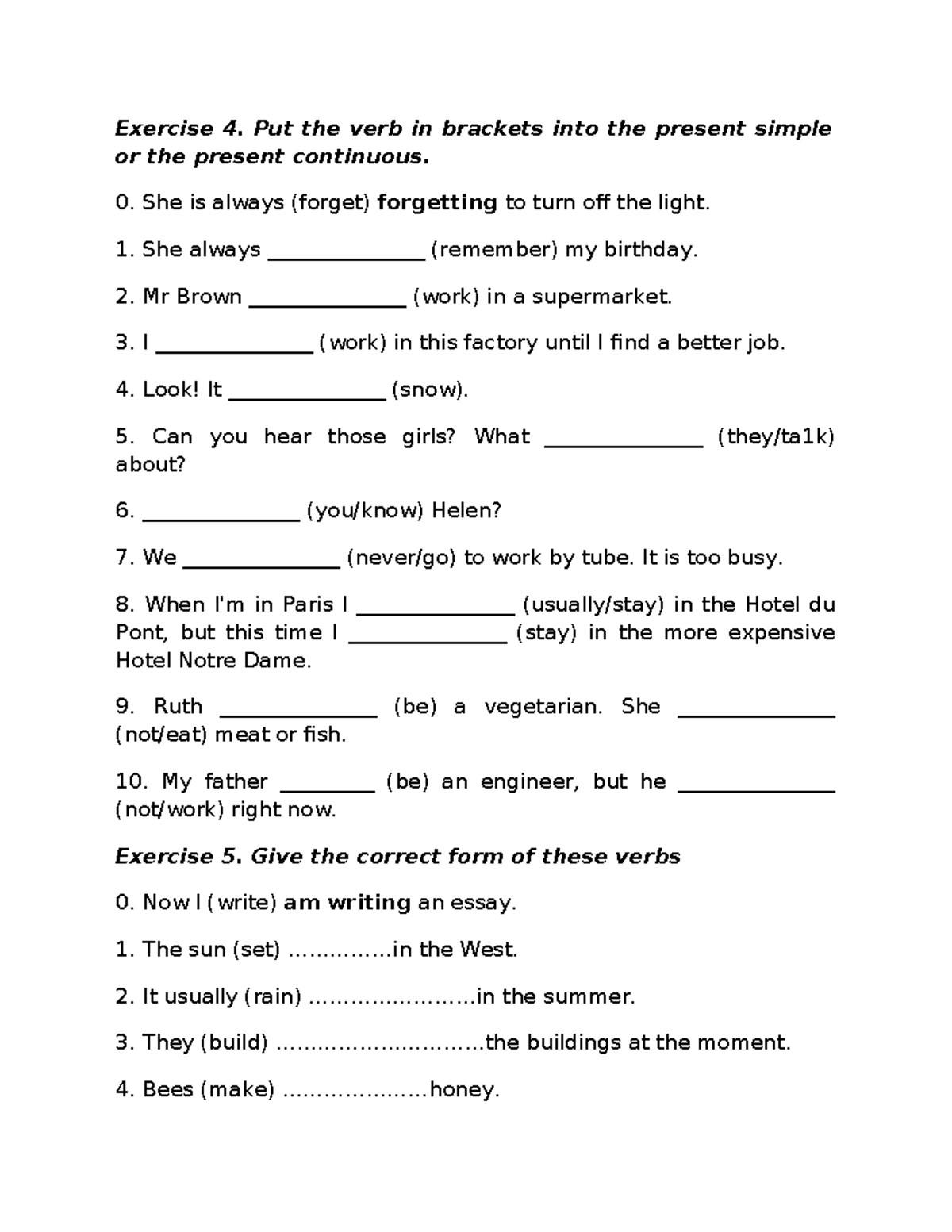 Bài tập tiếng Anh: Exercise 4 & 5 - Present Simple vs Continuous - Studocu