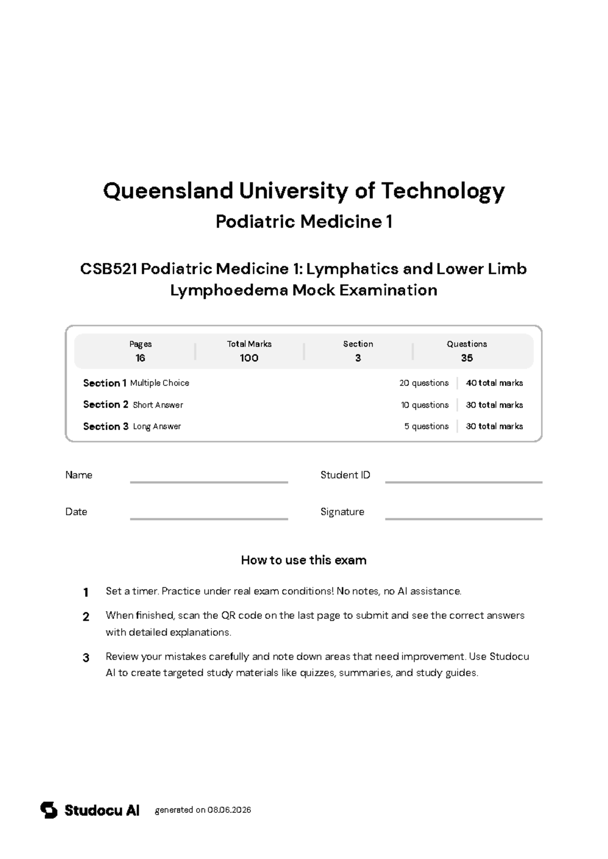 CSB521 Mock Exam: Lymphatics & Lower Limb Lymphoedema - Studocu