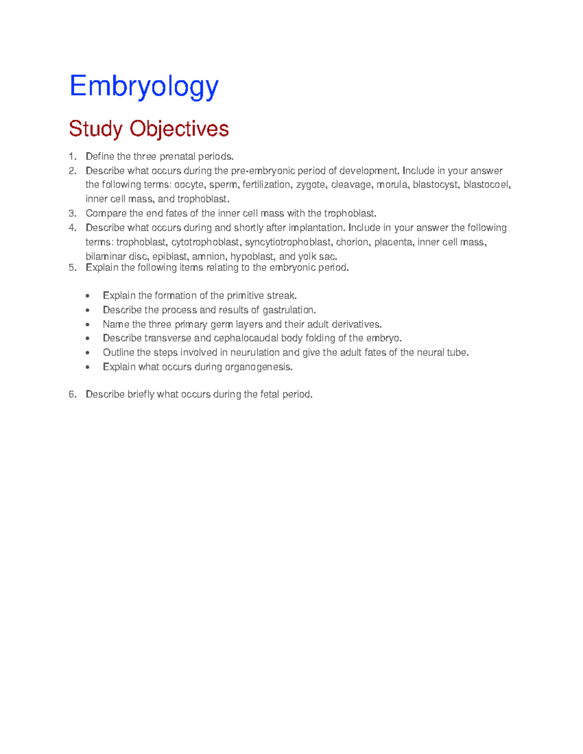 Embryology (Unit 2) Study Objectives and Key Concepts - Studocu
