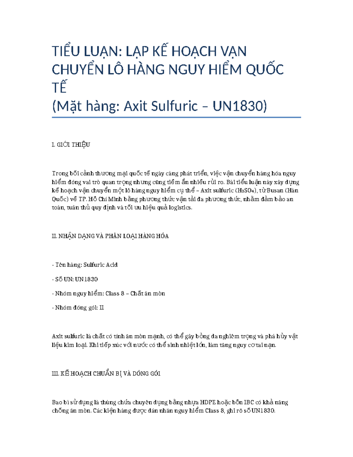 TIỂU LUẬN: KẾ HOẠCH VẬN CHUYỂN AXIT SULFURIC UN1830 - Studocu