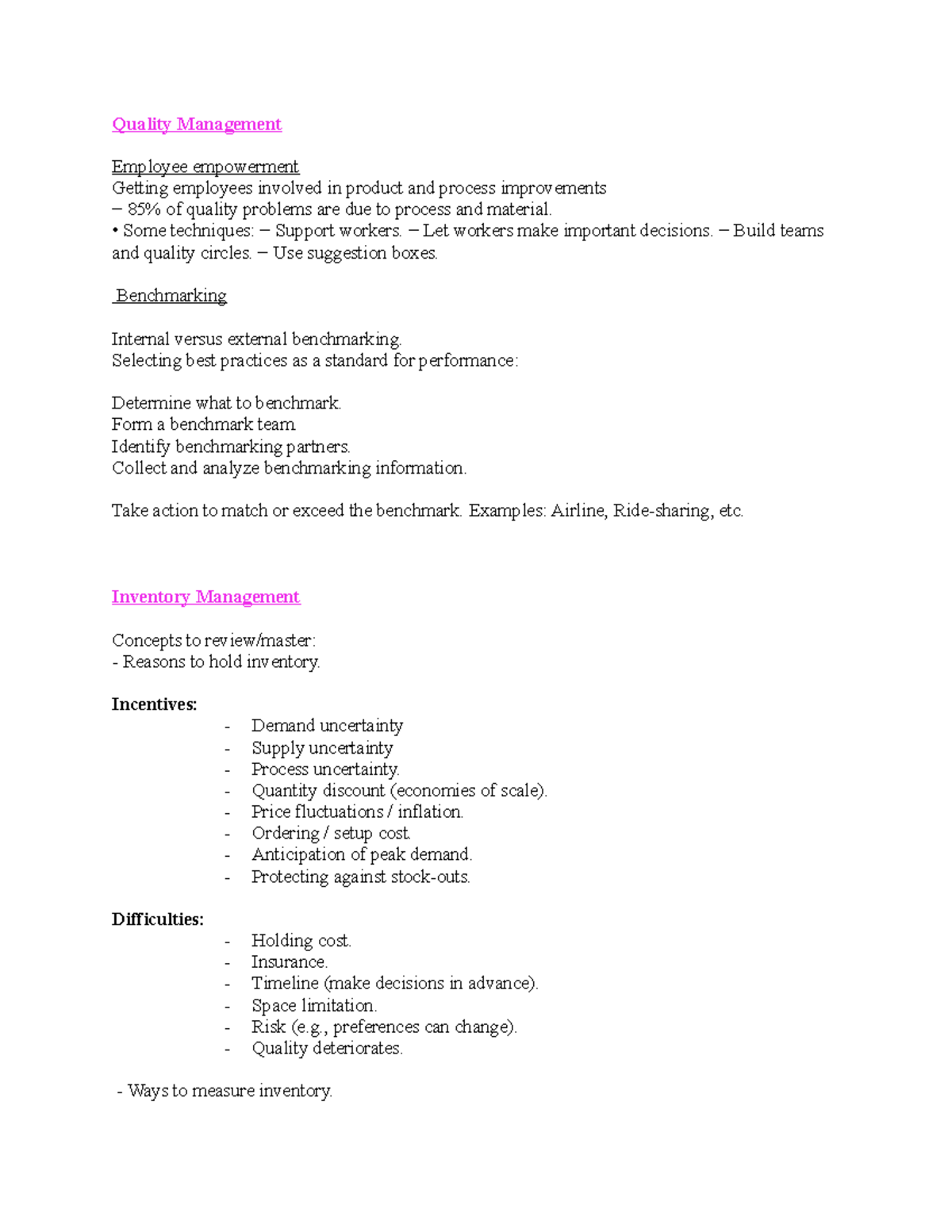 Quality Management - Comprehensive Notes for Study and Review - Studocu