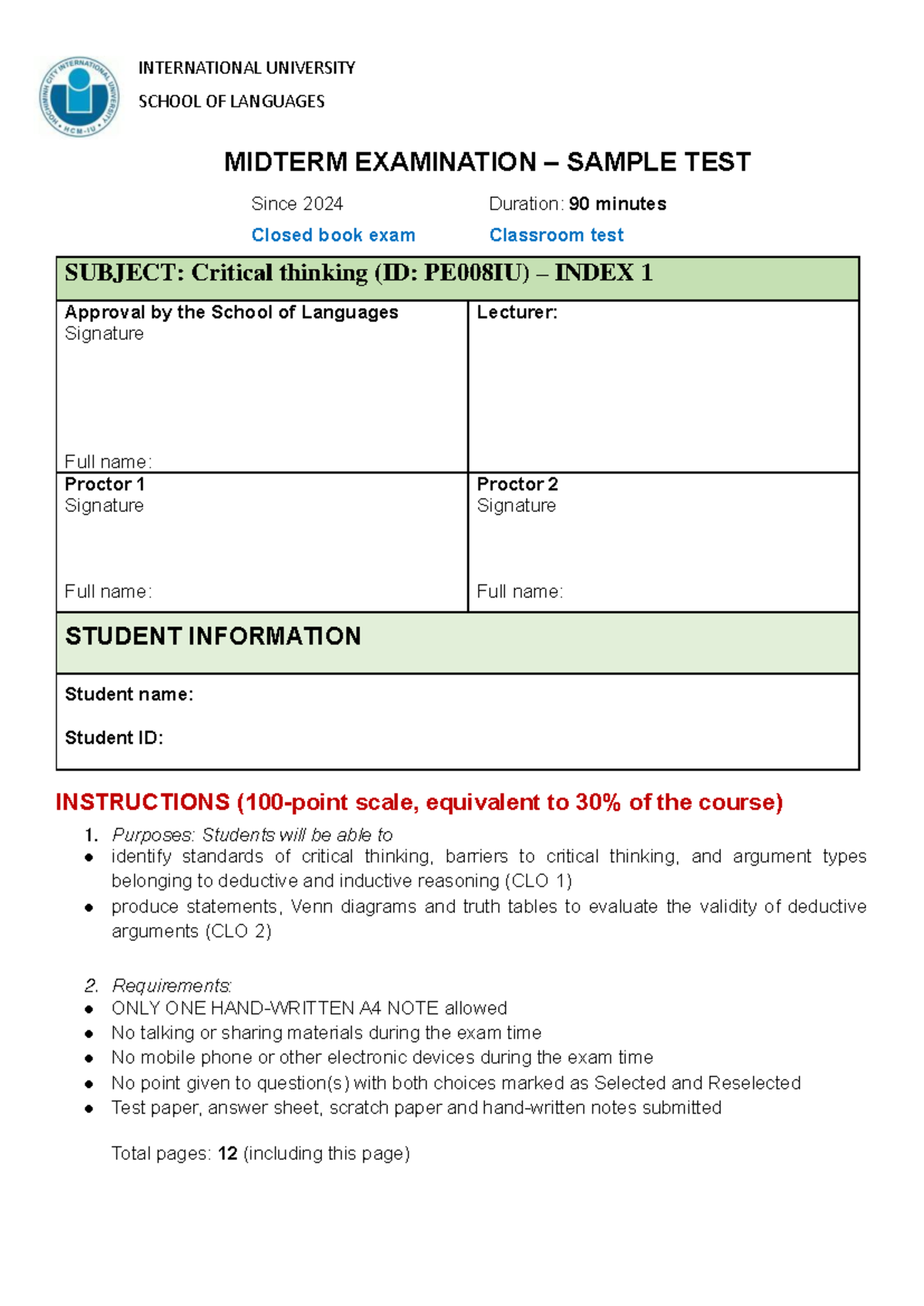 Midterm Exam Sample Test for Critical Thinking PE008IU - Studocu