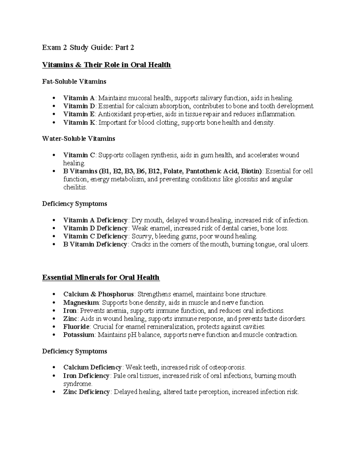 Exam 2 Study Guide: Vitamins & Minerals Essential for Oral Health - Studocu