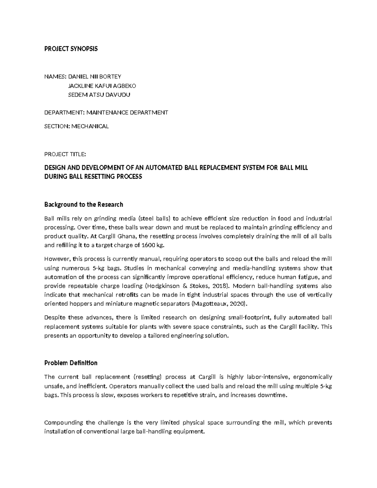 Project Synopsis: Design of Automated Ball Replacement System for Ball ...