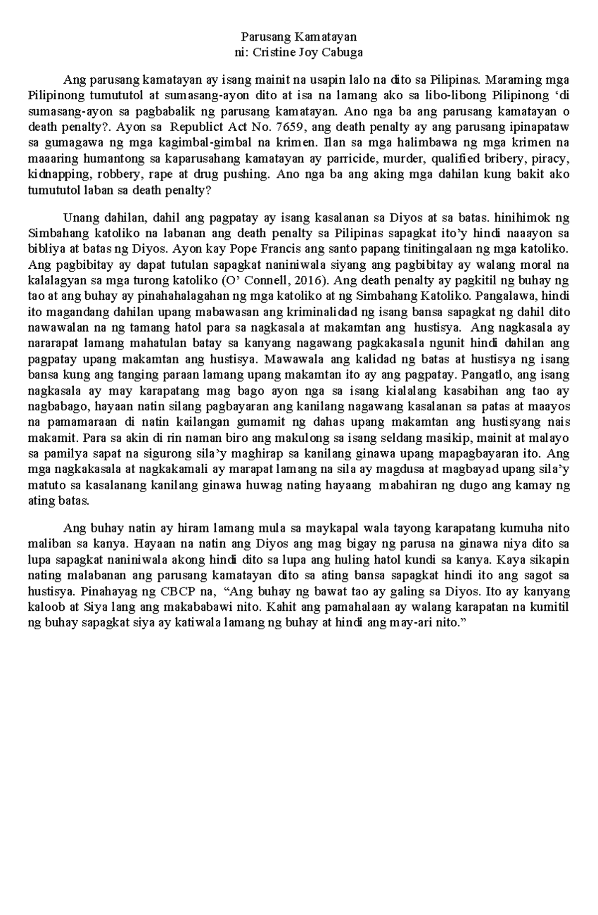 Posisyong Papel sa Pagsusuri ng Parusang Kamatayan sa Pilipinas - Studocu