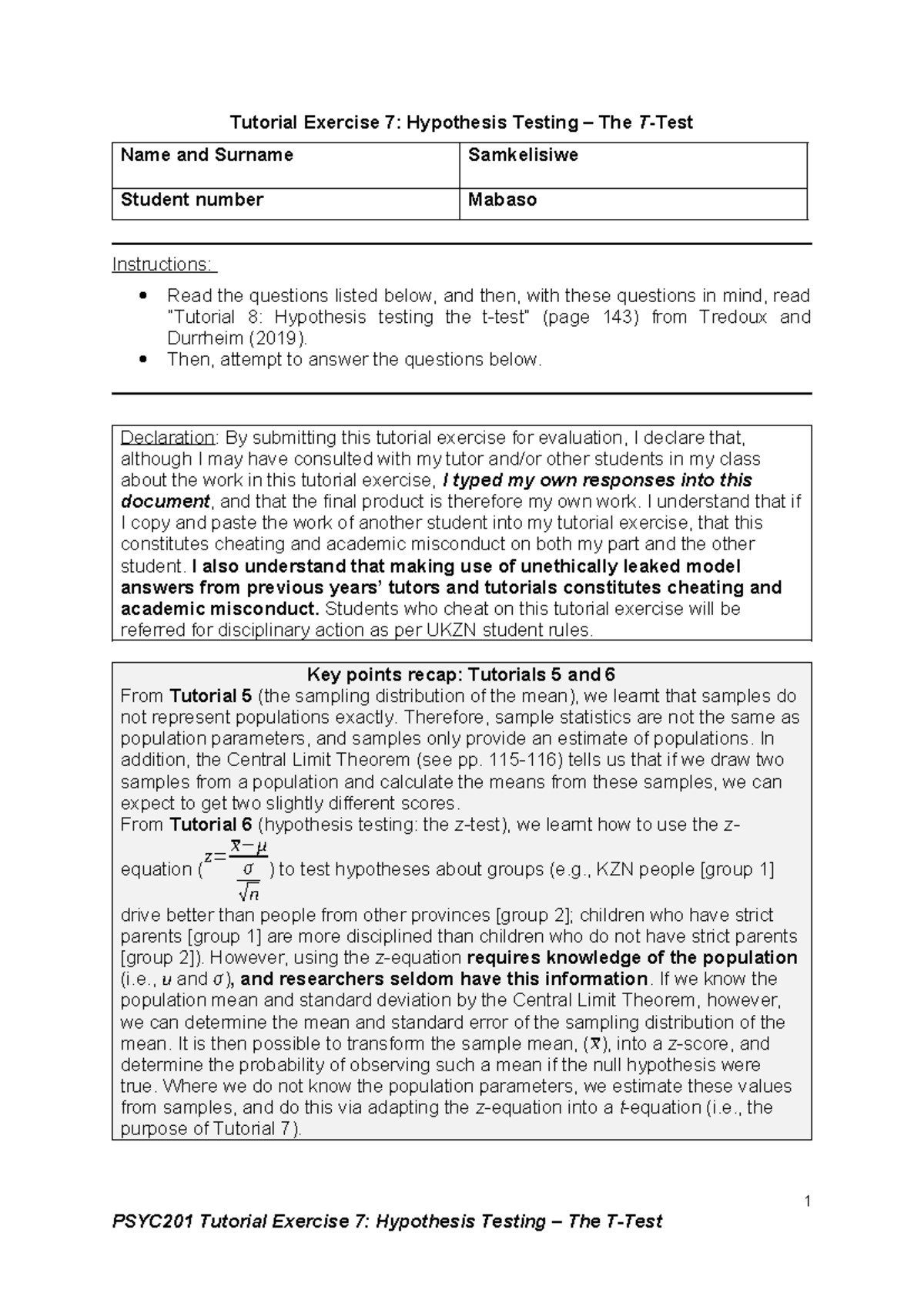 PSYC201 Tutorial Exercise 7: Hypothesis Testing and T-Test Analysis ...