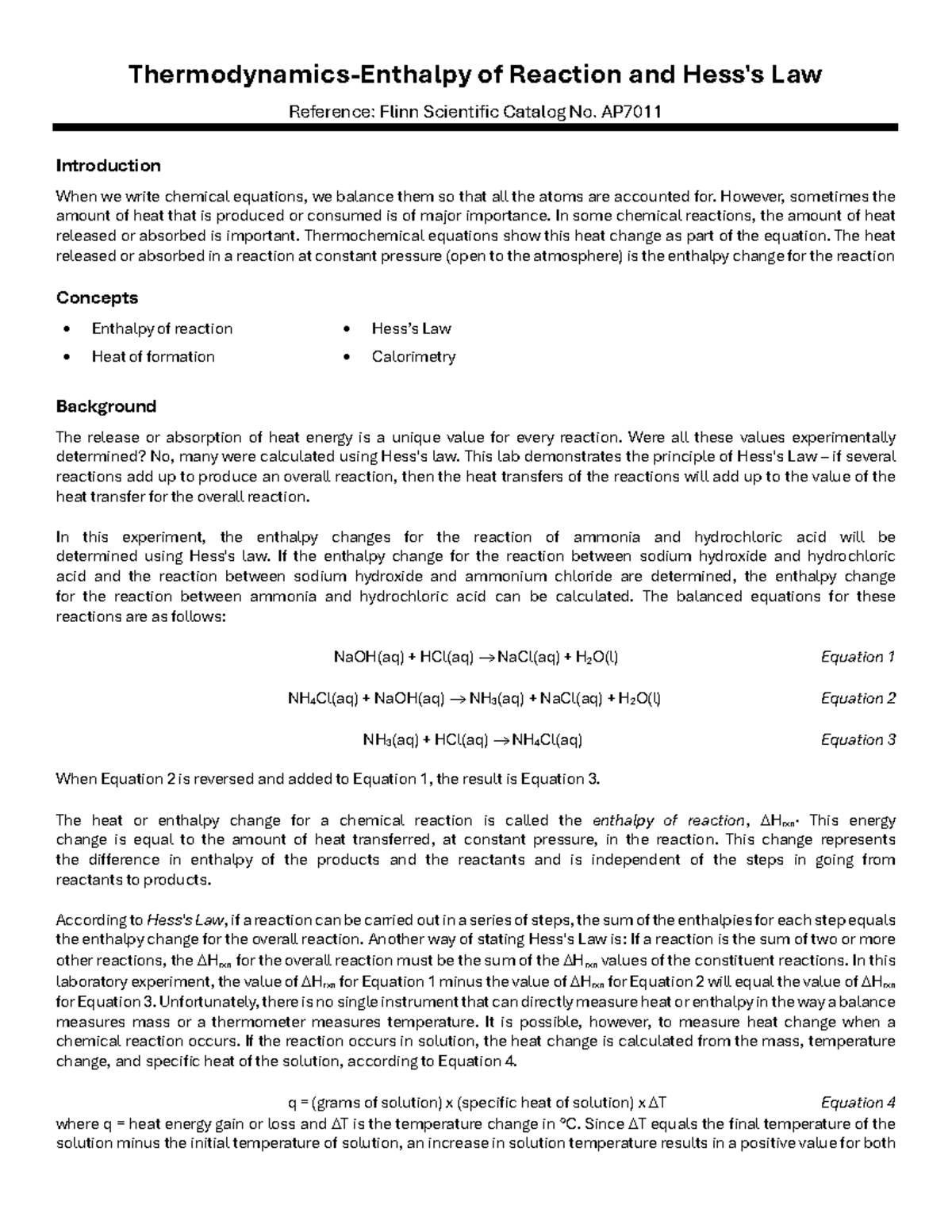Hess's Law Lab (CHEM 101) - Enthalpy Changes in Reactions - Studocu