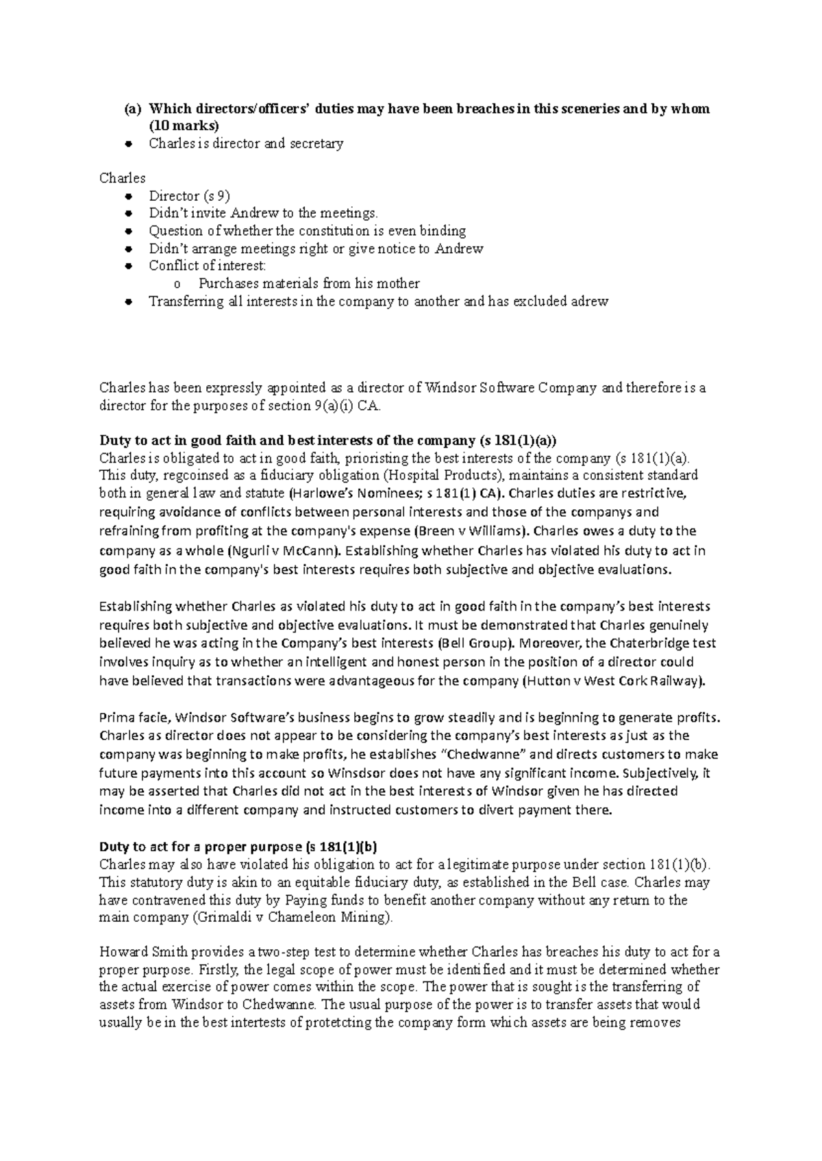 Corporate Law Practice Questions: Breaches of Director Duties (10 Marks ...