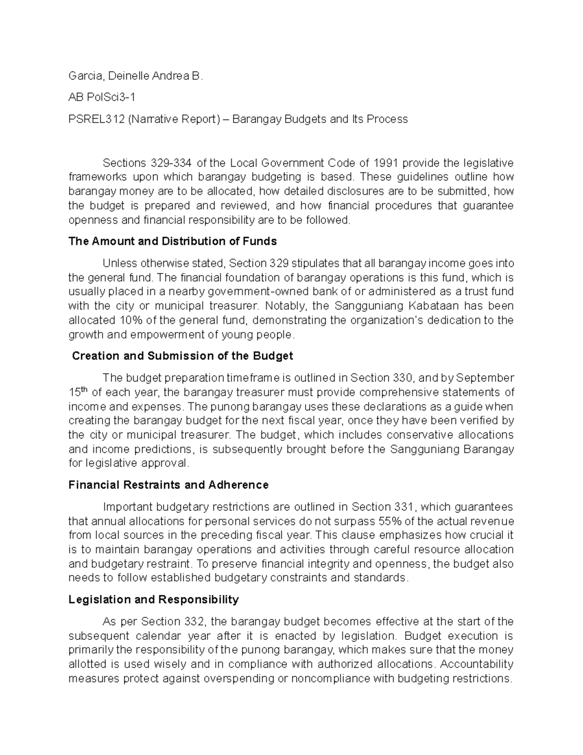 Barangay Budgets & Financial Process - PSREL312 Narrative Report - Studocu
