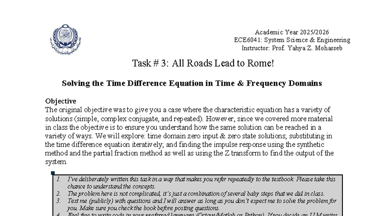 ECE6041: Task 3 - Solving Time Difference Equations in Time-Freq ...