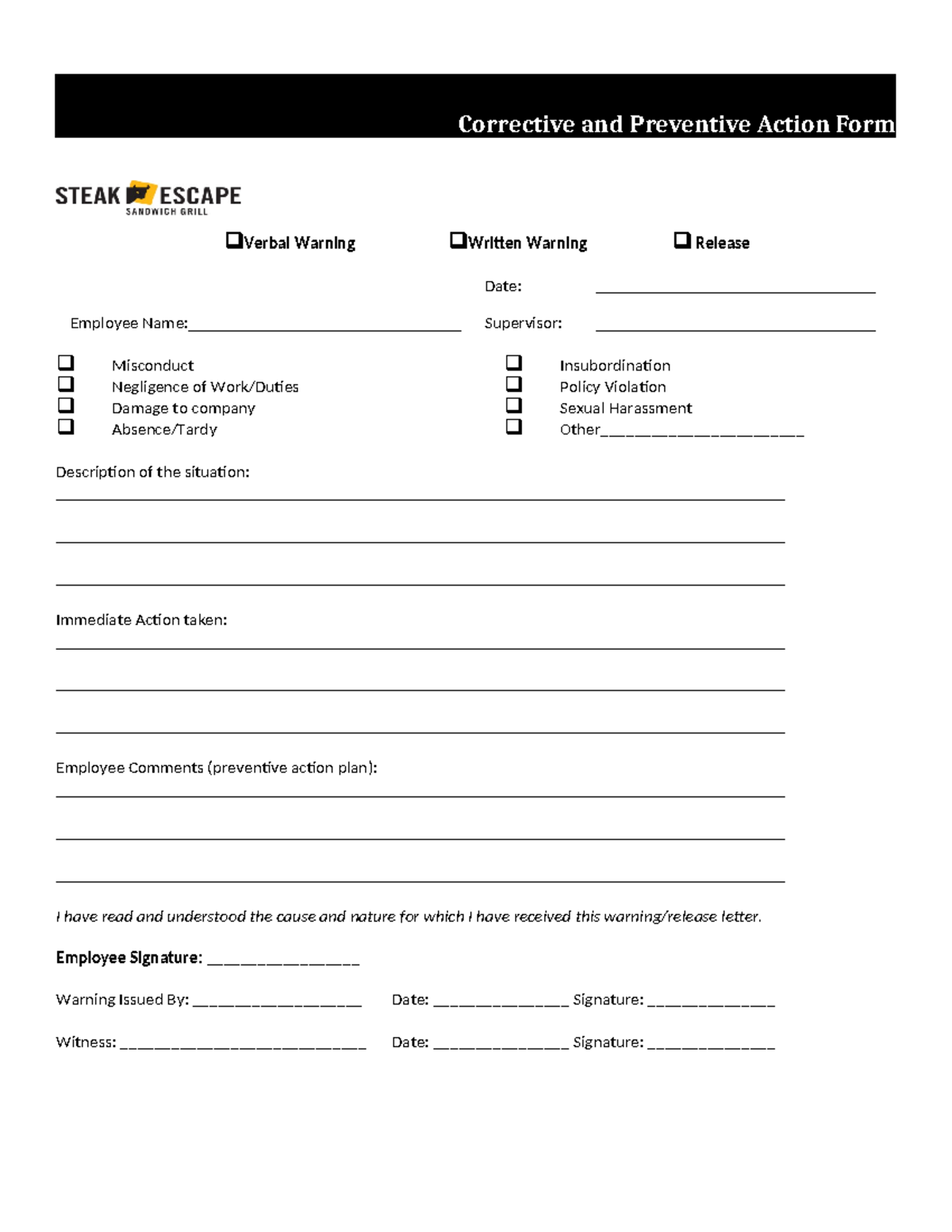 (warning) Corrective and Preventive action Form - Corrective and ...